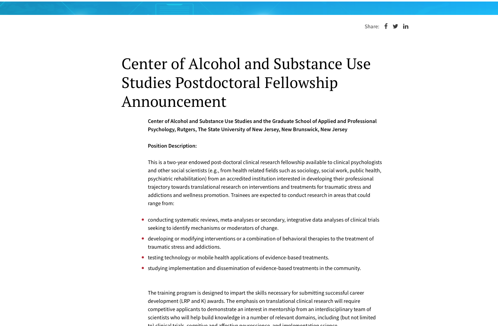Center of Alcohol and Substance Use Studies Postdoctoral Fellowship ...